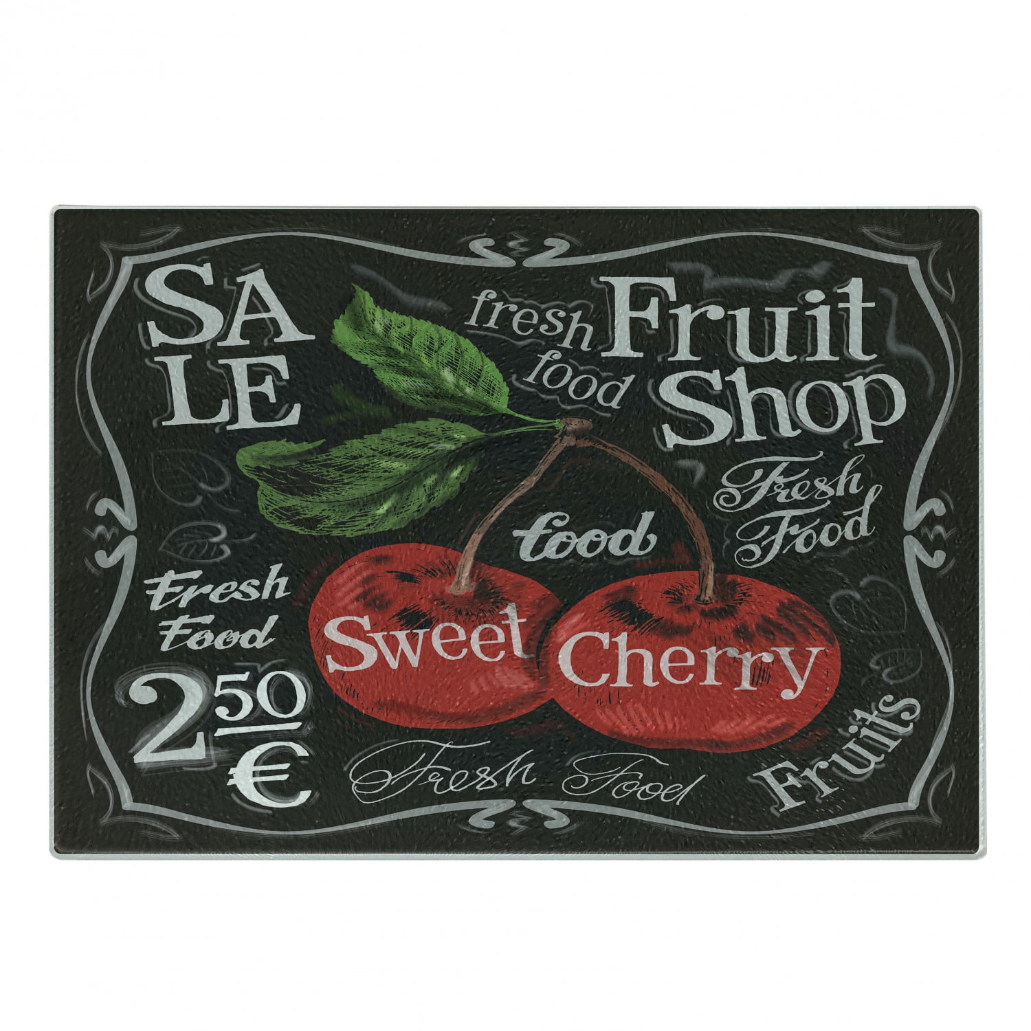 Fruit Cutting Board, Ripe Cherries Sketch Style Stem and Leaves Fruit ...