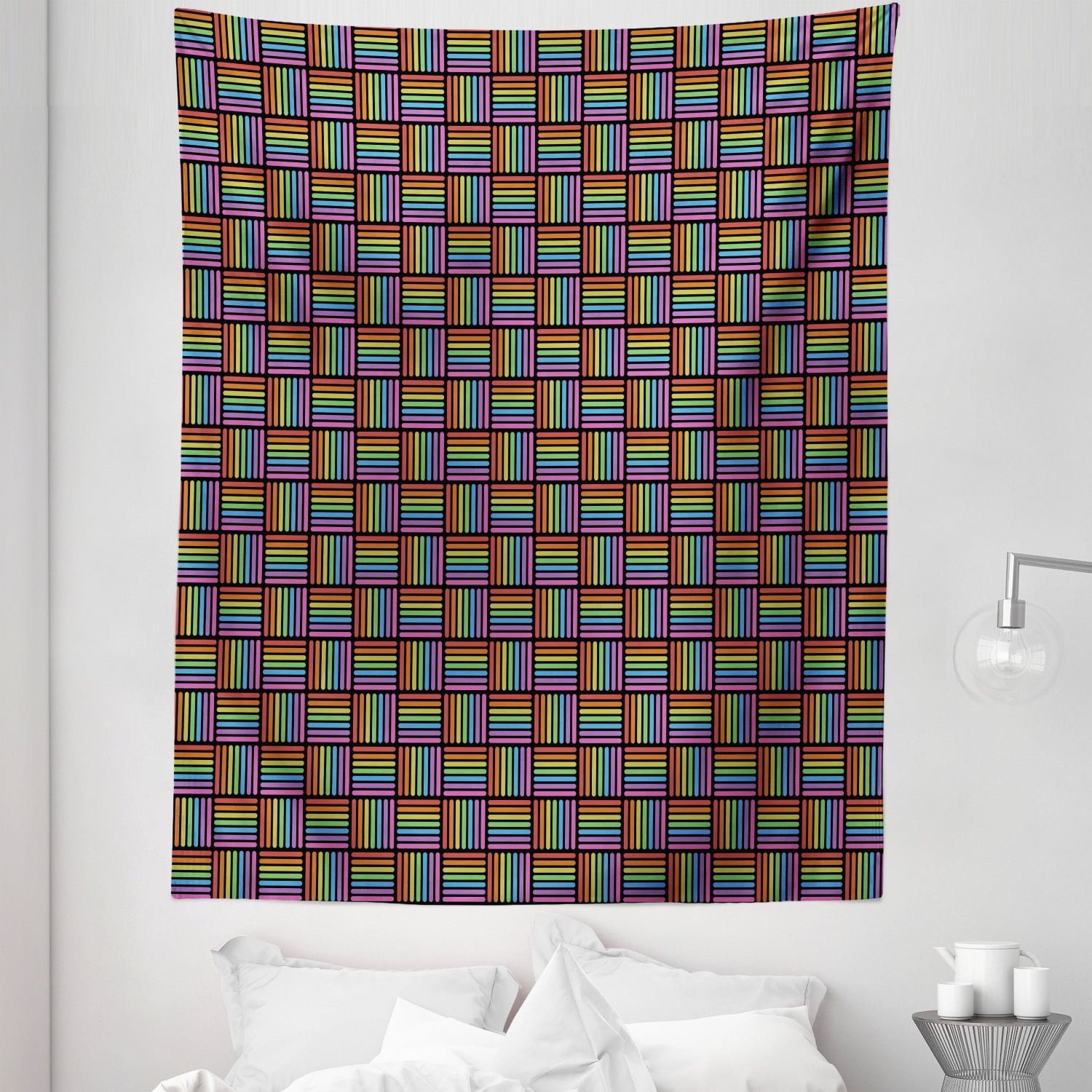 Colorful Tapestry, Rainbow Colored Groovy Disco Retro Bars as Squares ...