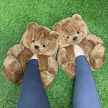 Plush Teddy Bear Slippers Fluffy Home Indoor Slipper Anti-Slip Faux Fur ...