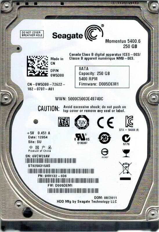 Seagate ST9250315AS P/N: 9HH132-036 F/W: D005DEM1 SU 250GB - Walmart.com