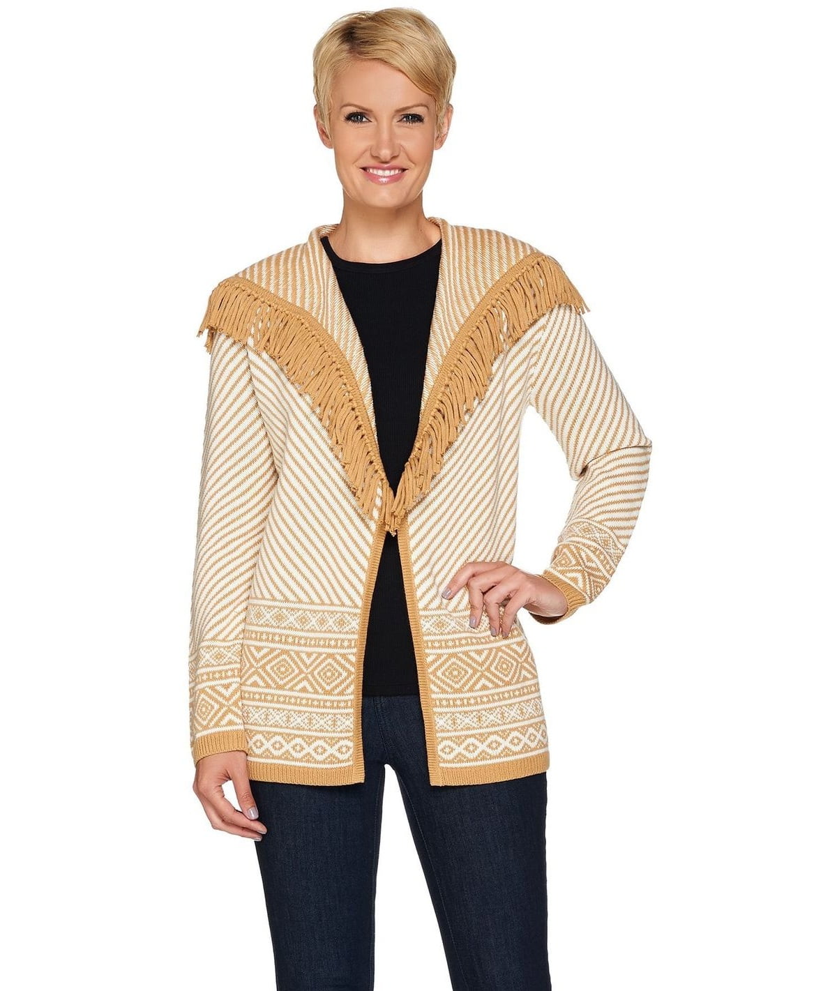 Susan Graver Jacquard Sweater Cardigan Fringe A279798