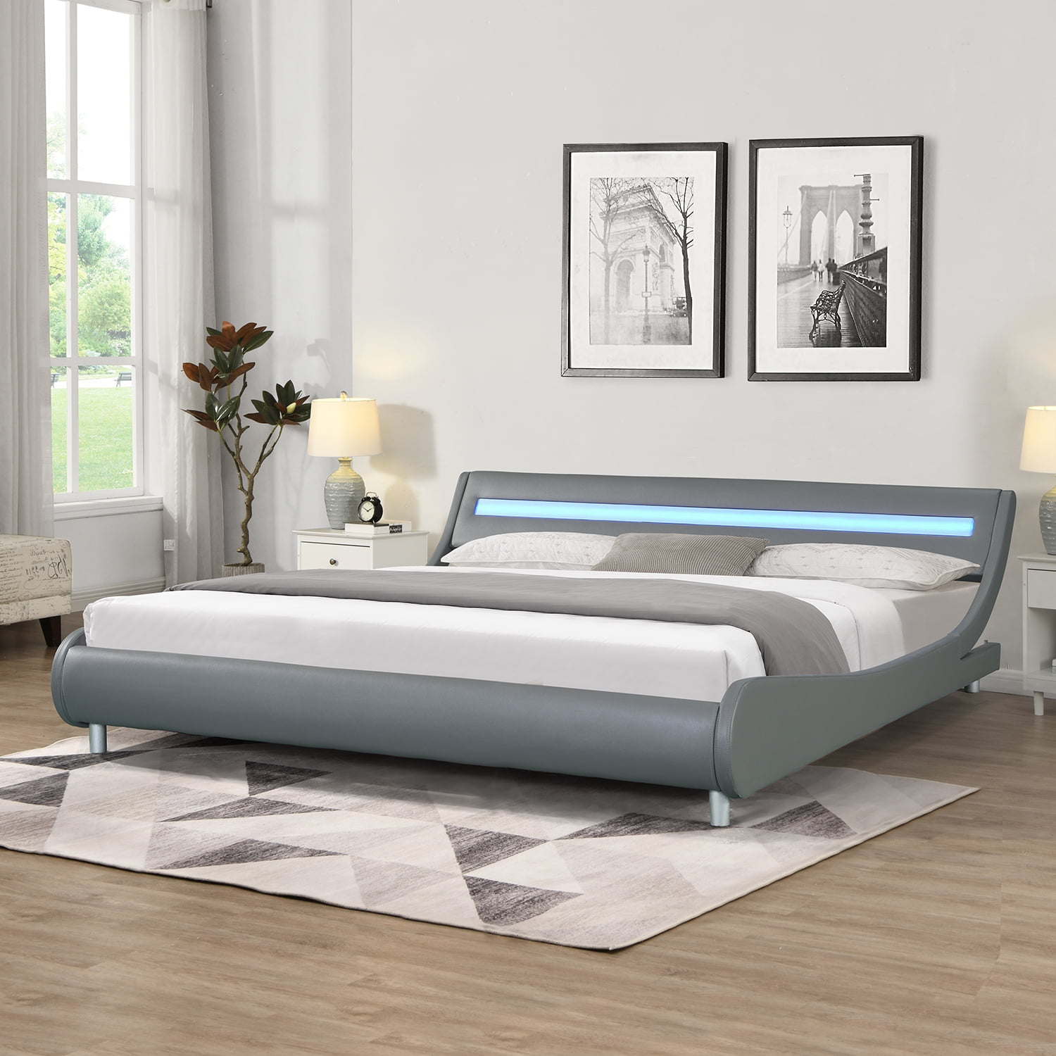 Royard Oaktree Wave-Like Curve Design Platform Bed Frame with LED ...