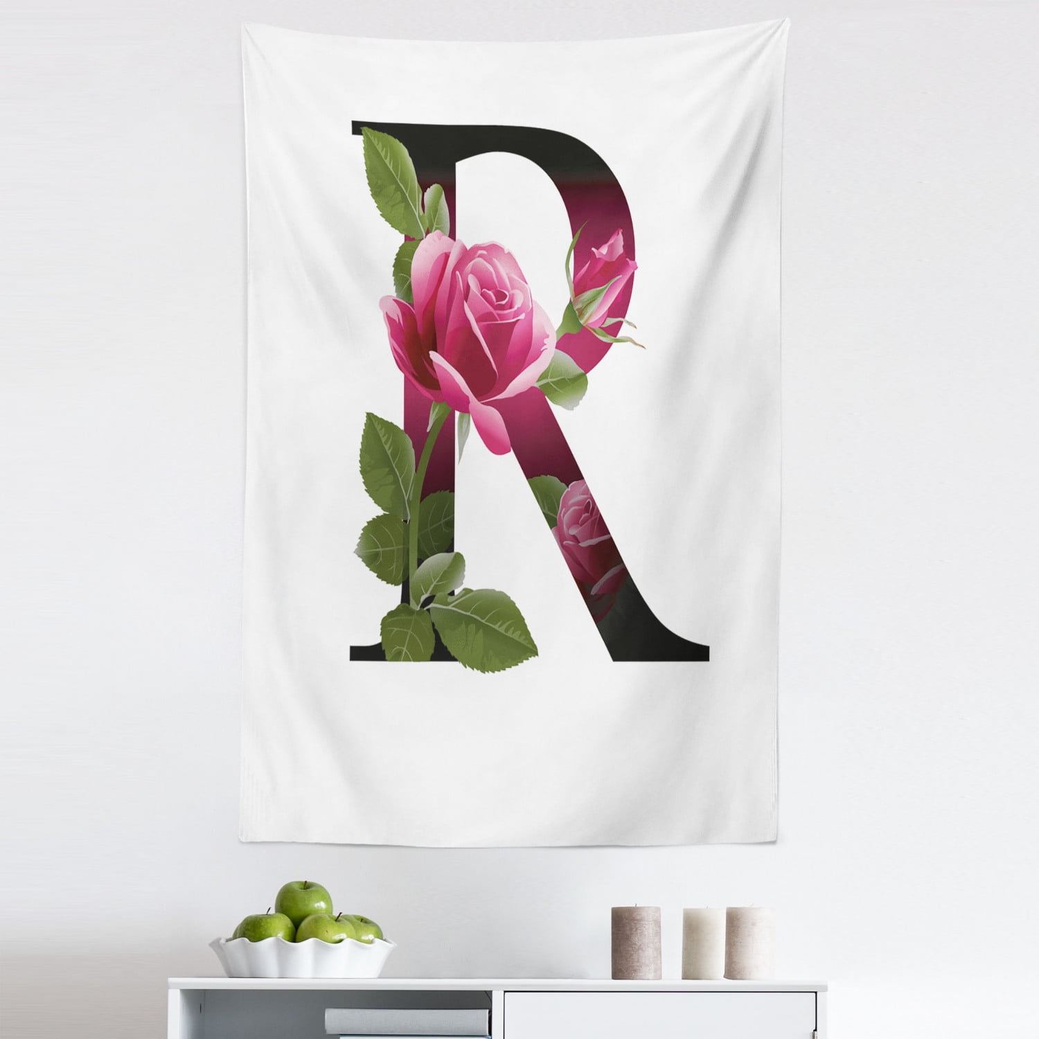 Letter R Tapestry, Capitalized R with Flower of Love Rose Nature ...