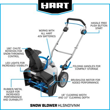 HART 40V 18-inch Cordless Electric Snow Blower, Brushless, Push Start ...