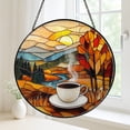 Coffee Cup Stained Glass Suncatcher, Round Window Panel with Autumn ...