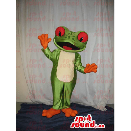 Cute Large Green Frog SPOTSOUND Mascot With Huge Red Eyes And White ...