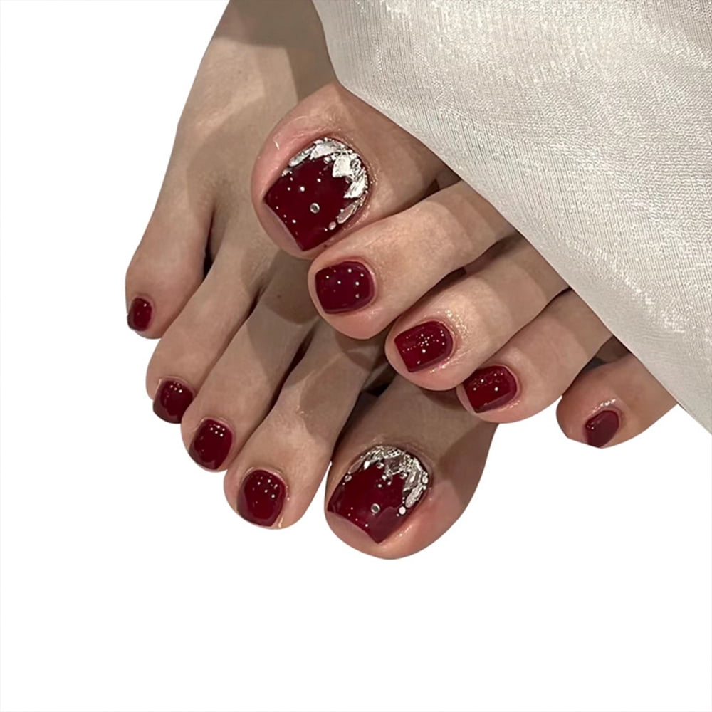 False Toenails for Gel Art Cherry Red Glittering Artificial Toenails ...