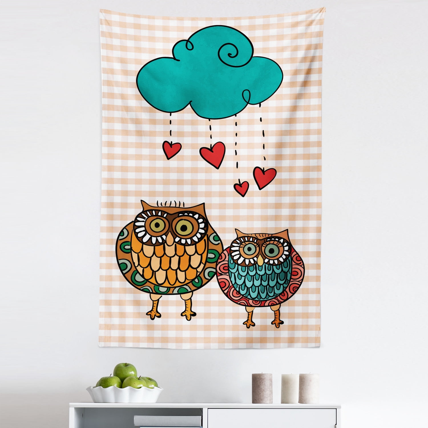 Owl Tapestry, Bird Couple in Love Rain Clouds Design Art Ornamental ...
