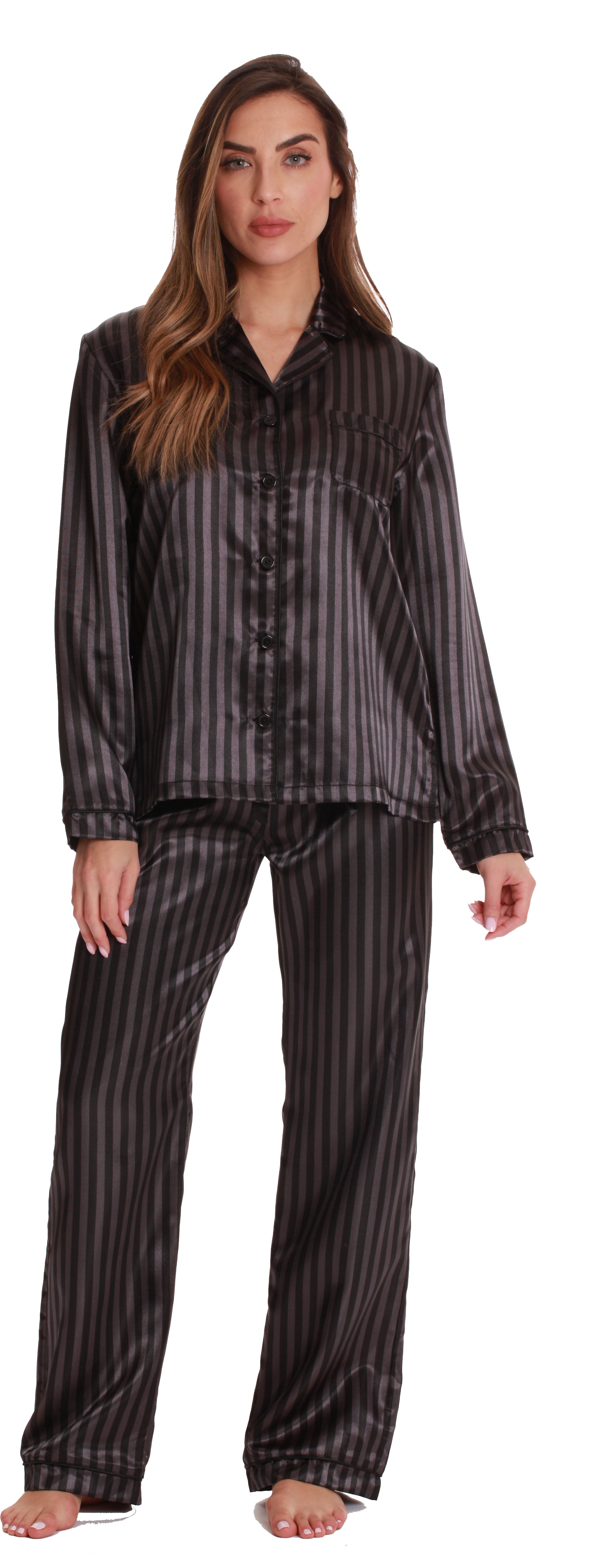 Just Love Satin Pajama Pants Set with Notch Collar (Black with Stripe ...