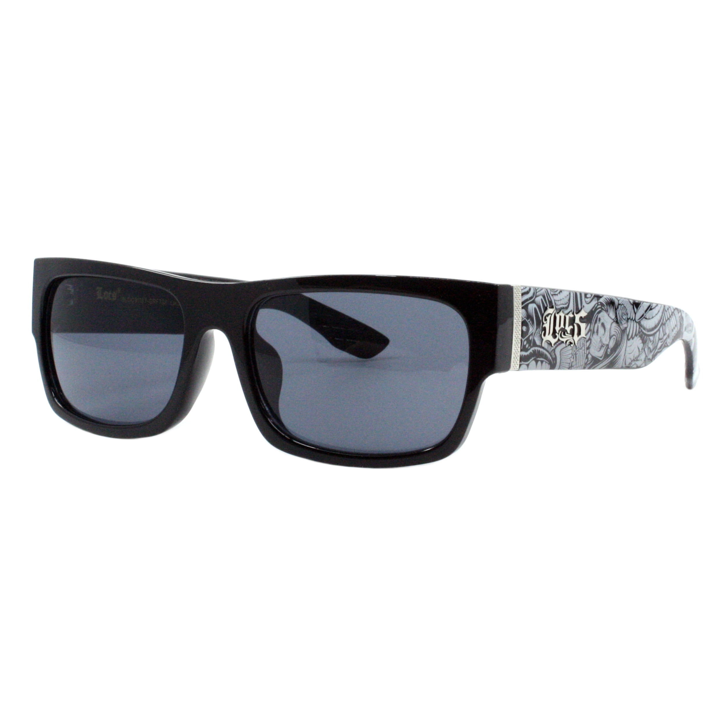 Locs Sunglasses Hardcore Shades Shiny Black Rectangular Skull Graffiti Art Uv400