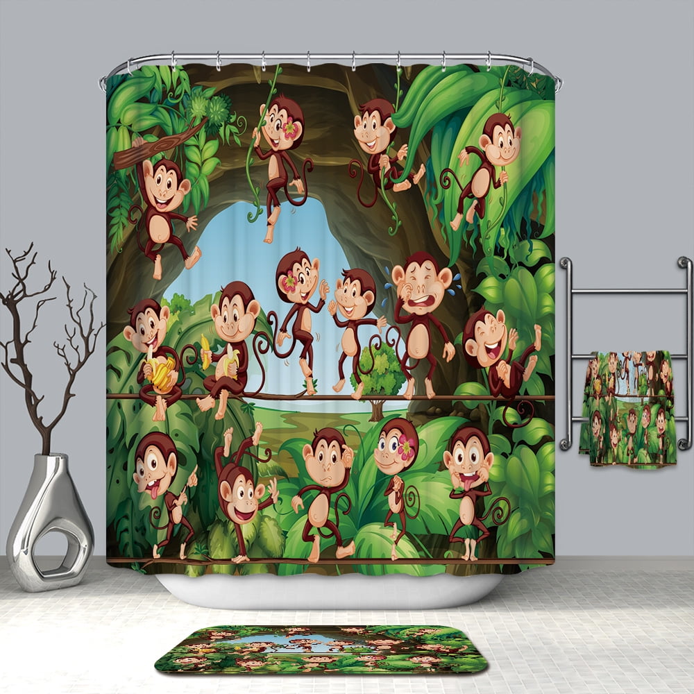 Monkey Fabric Shower Curtain with 12 Hooks Greenery Tree Variety of ...
