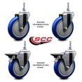 5 Inch Blue Polyurethane 3/8 Inch Threaded Stem Caster Set 2 Brakes SCC ...
