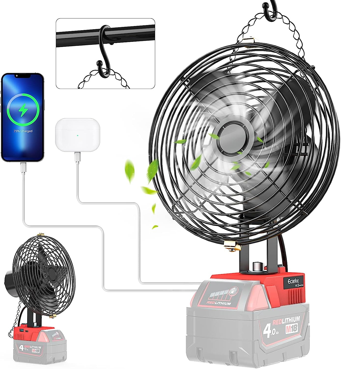 Ecarke Portable Cordless Fan for Milwaukee 18V M18 Li-Ion Battery 20W ...