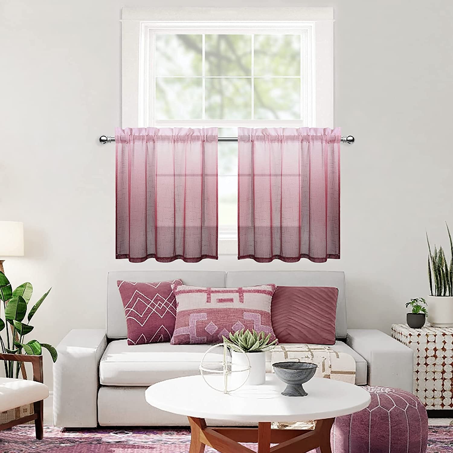 2 Panels Faux Linen Sheer Short Tier Curtain, Rod Pocket Voile Small ...