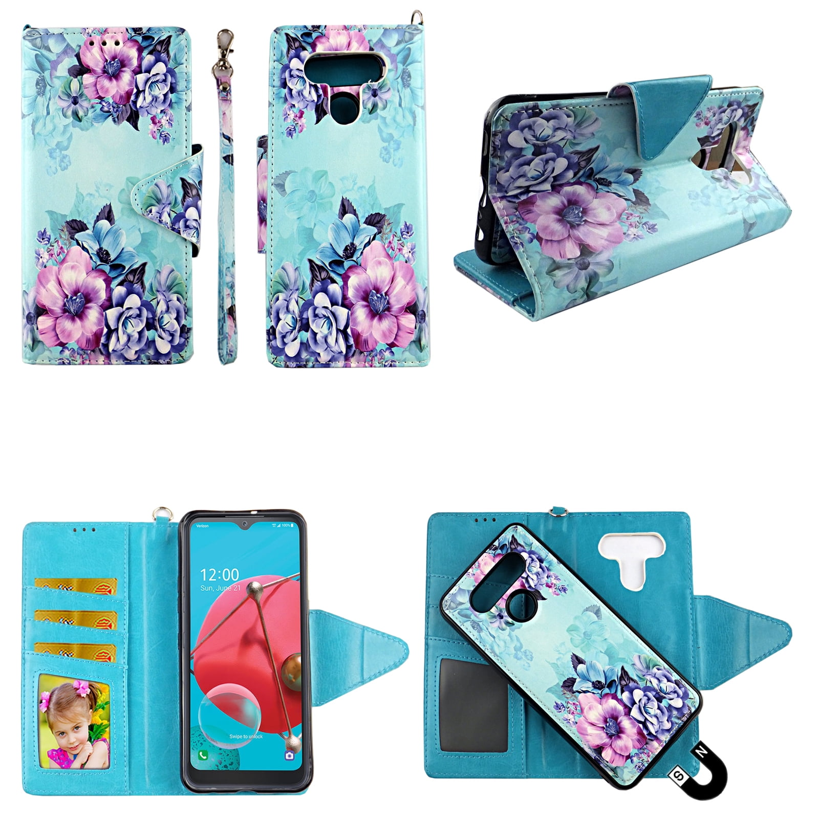 Flower on Blue Case for LG K51 / Q51 Magnetic Detachable Pu Leather ...