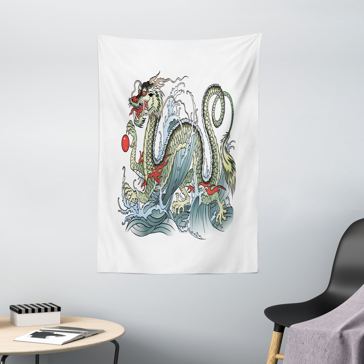 Japanese Dragon Tapestry, Far Eastern Water Dragon Splashing Waves ...