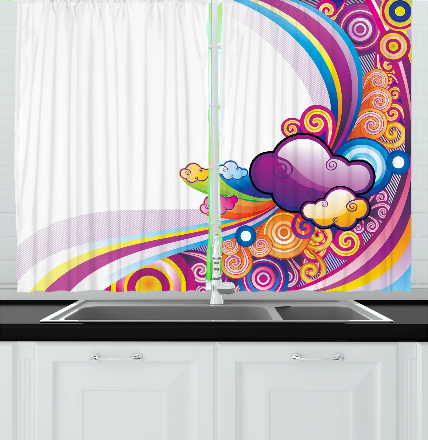Cartoon Curtains 2 Panels Set, Kids Children Theme Rainbows Colored ...