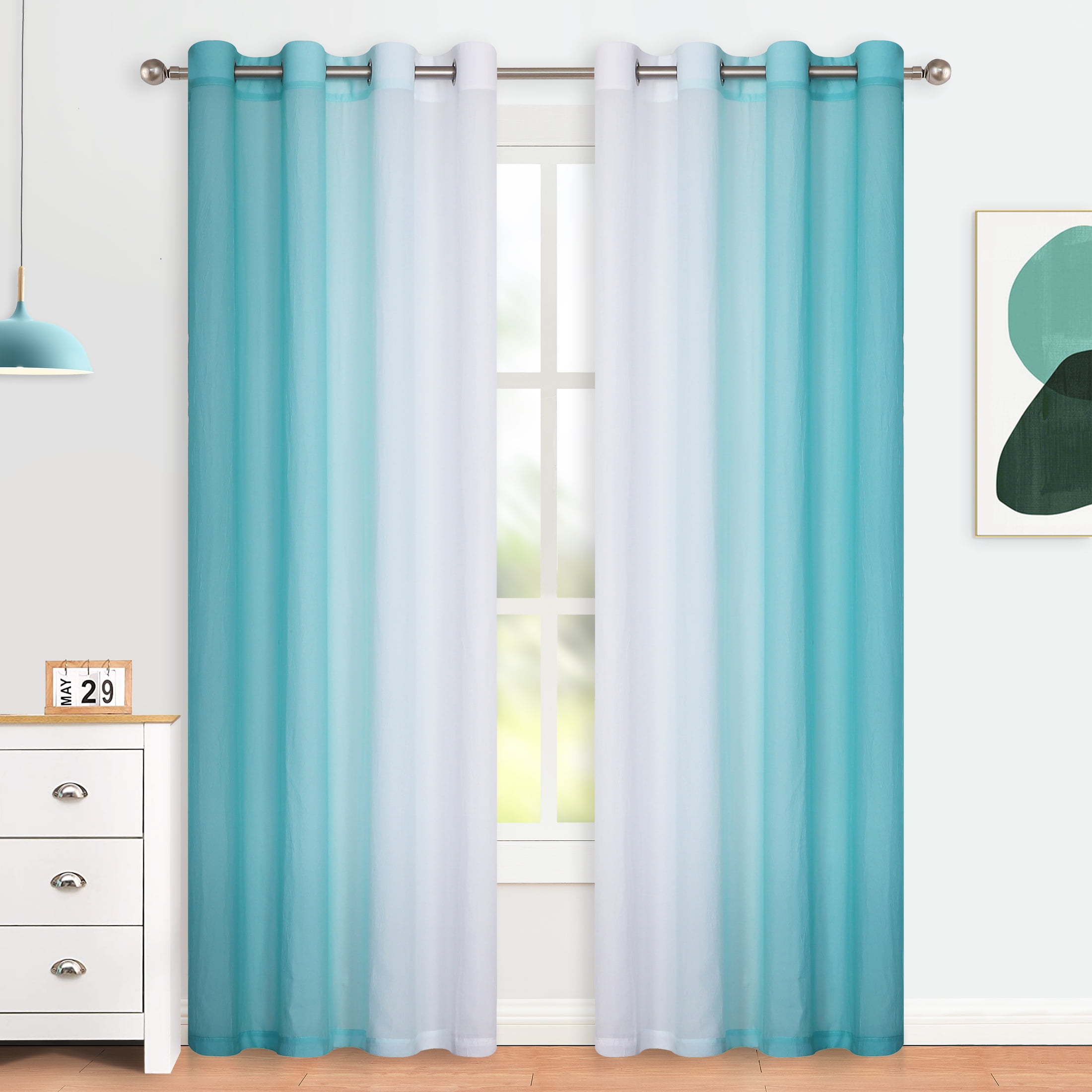 Junvictex Teal Ombre Crushed Chiffon Sheer Curtains 52"Wx84"L for ...