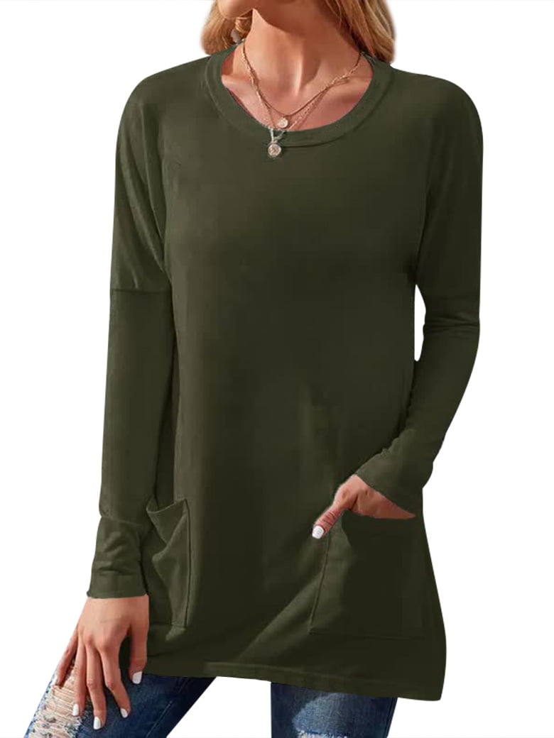 HUBERY Women Pocket Spliced Crew Neck Long Sleeve Solid Color Mid ...