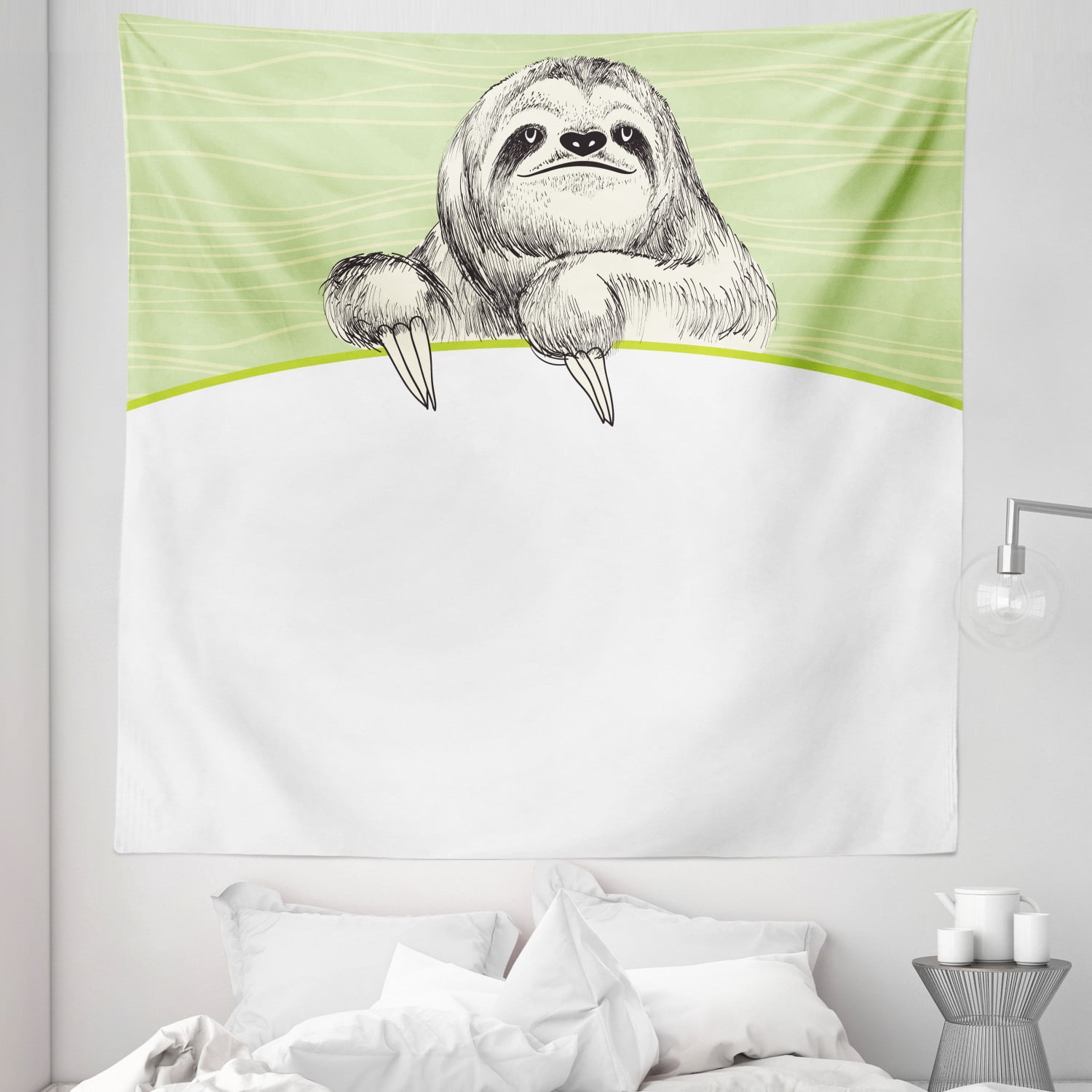 Sloth Tapestry, Hand Drawn Sluggish Animal Sloth on Green Abstract ...