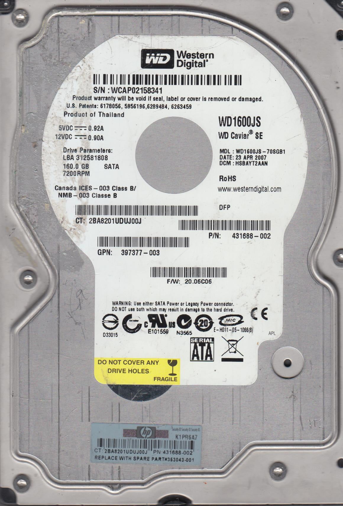 WD1600JS-70SGB1, DCM HSBAYT2AAN, Western Digital 160GB SATA 3.5 Hard ...
