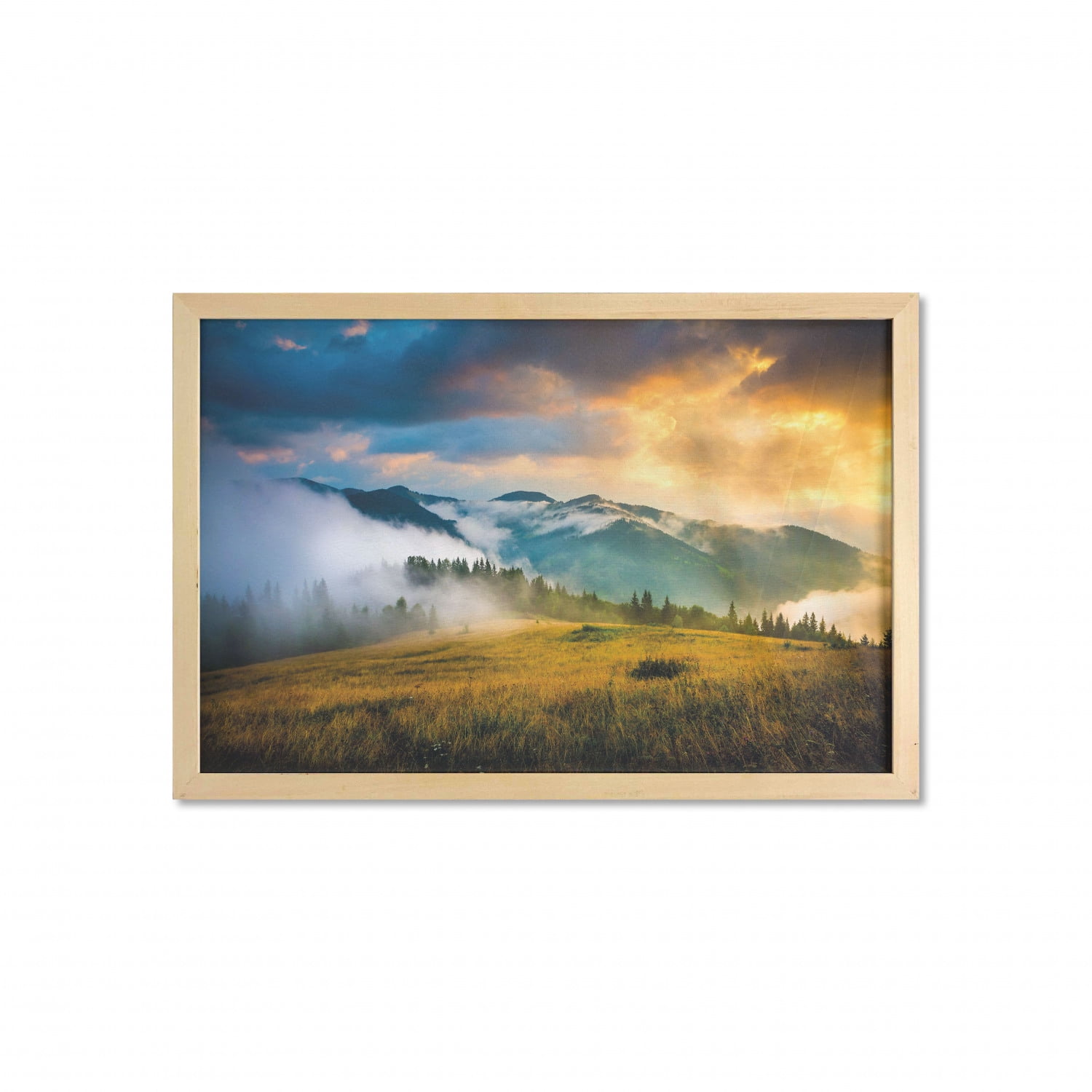 Landscape Wall Art with Frame, Rural Scenery Sunrise Misty Mountains ...
