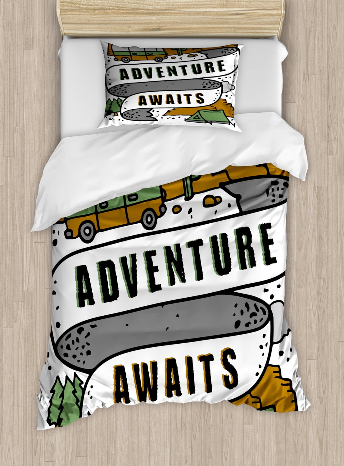 Adventure Awaits Duvet Cover Set Twin Size, Doodle Style Graphic ...