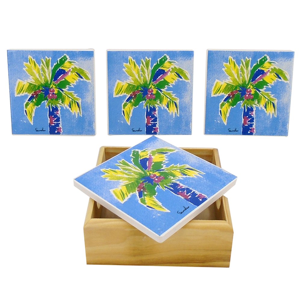 Palm Tree on Blue Drink Coasters Painted Porcelain Set of 4 with Holder ...