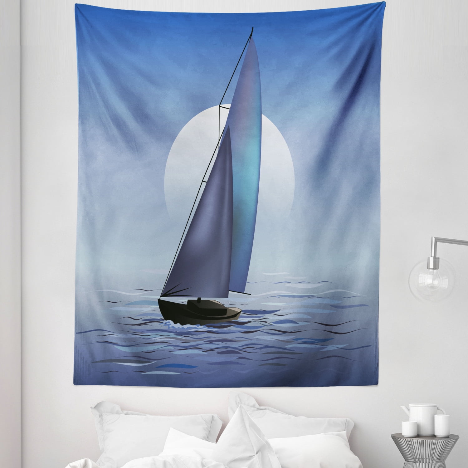 Nautical Tapestry, Sailing Boat in Moonrise Dramatic Sky Ocean ...