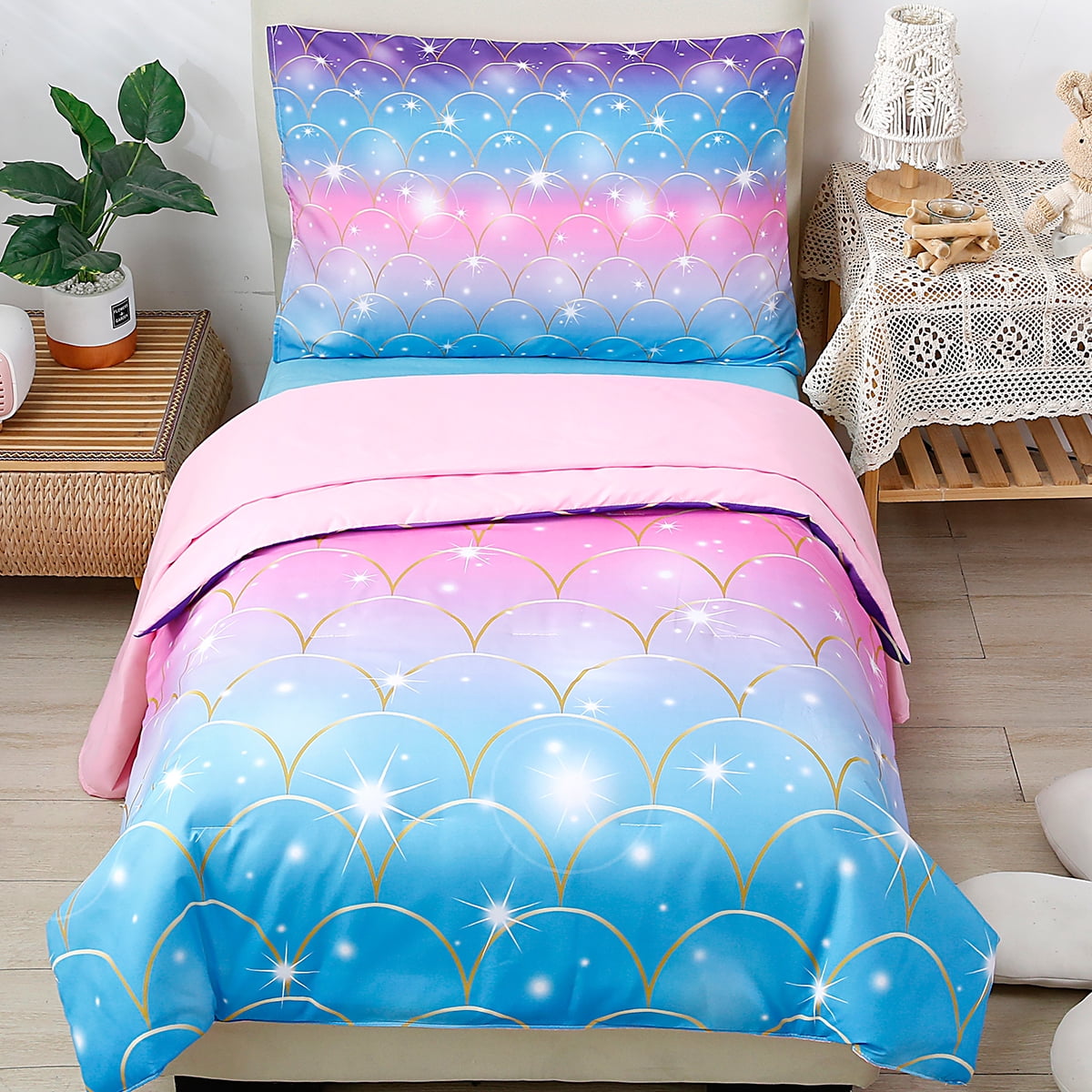 PERFEMET 4-Pcs Toddler Bedding Set Gradient Pink Blue Mermaid Glitter ...