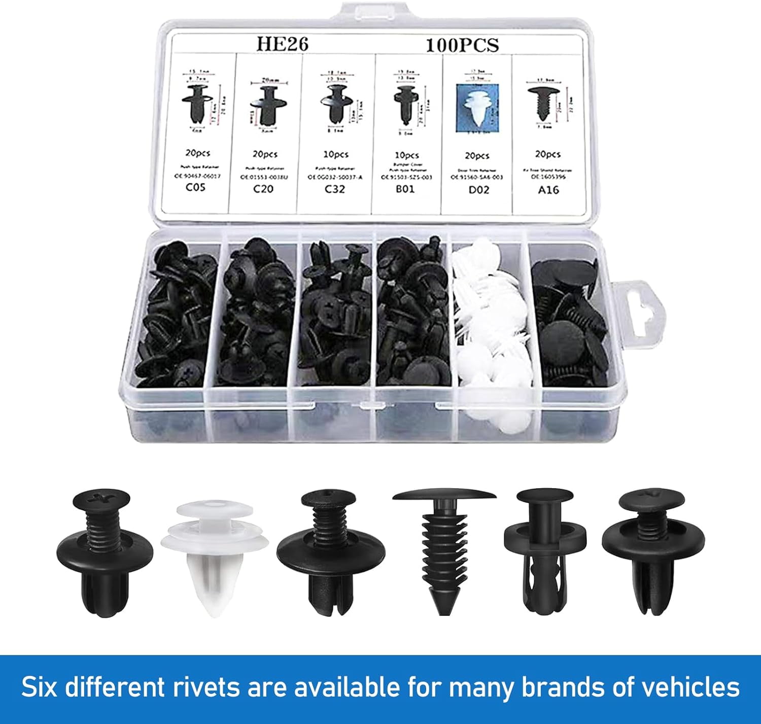 100 Pcs Car Clips Plastic Rivets Fasteners Push Retainer Kit with Most ...