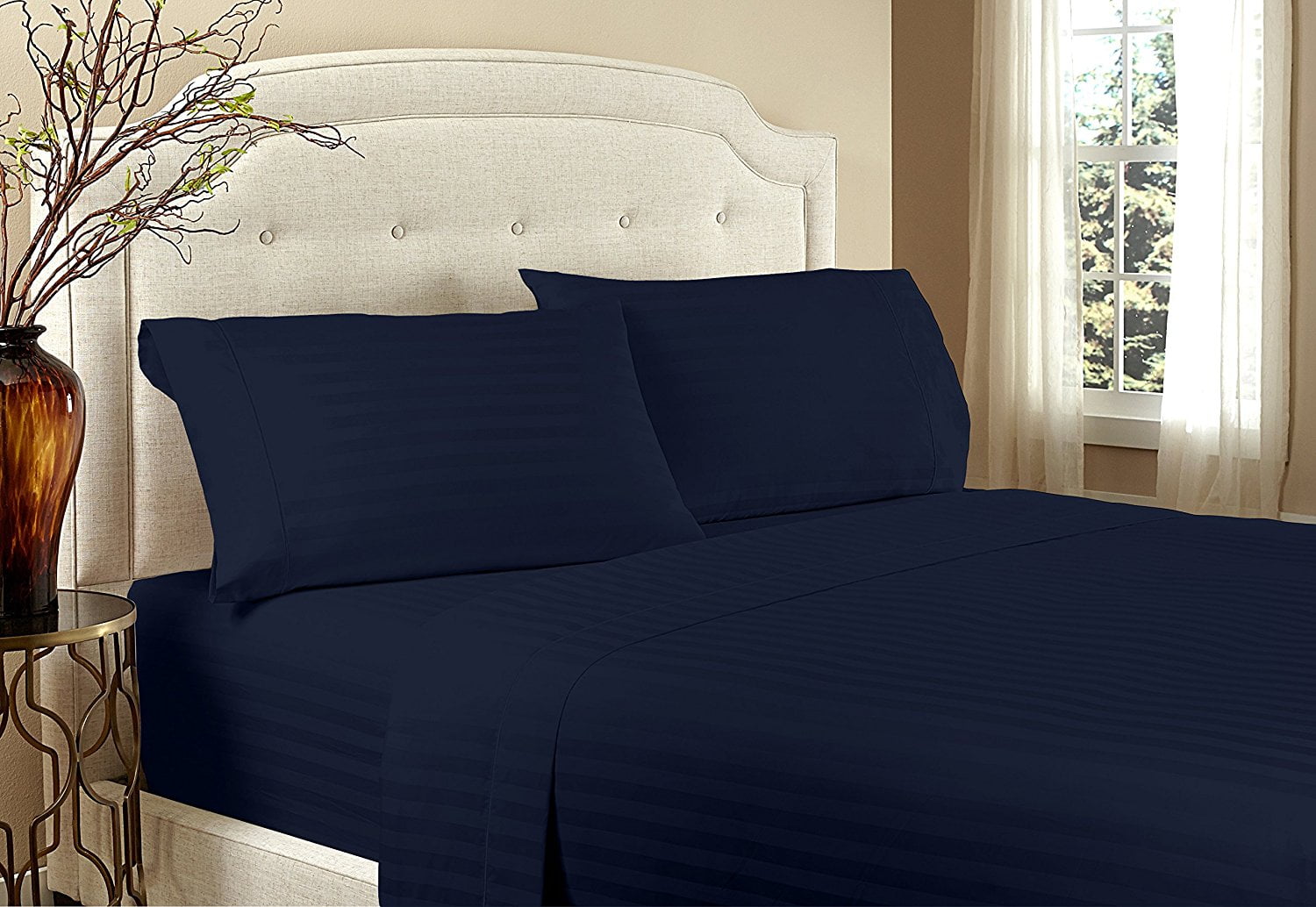 Home Design 1800 Series Luxurious Hotel Stripe Sheet Sets (Queen, Navy ...