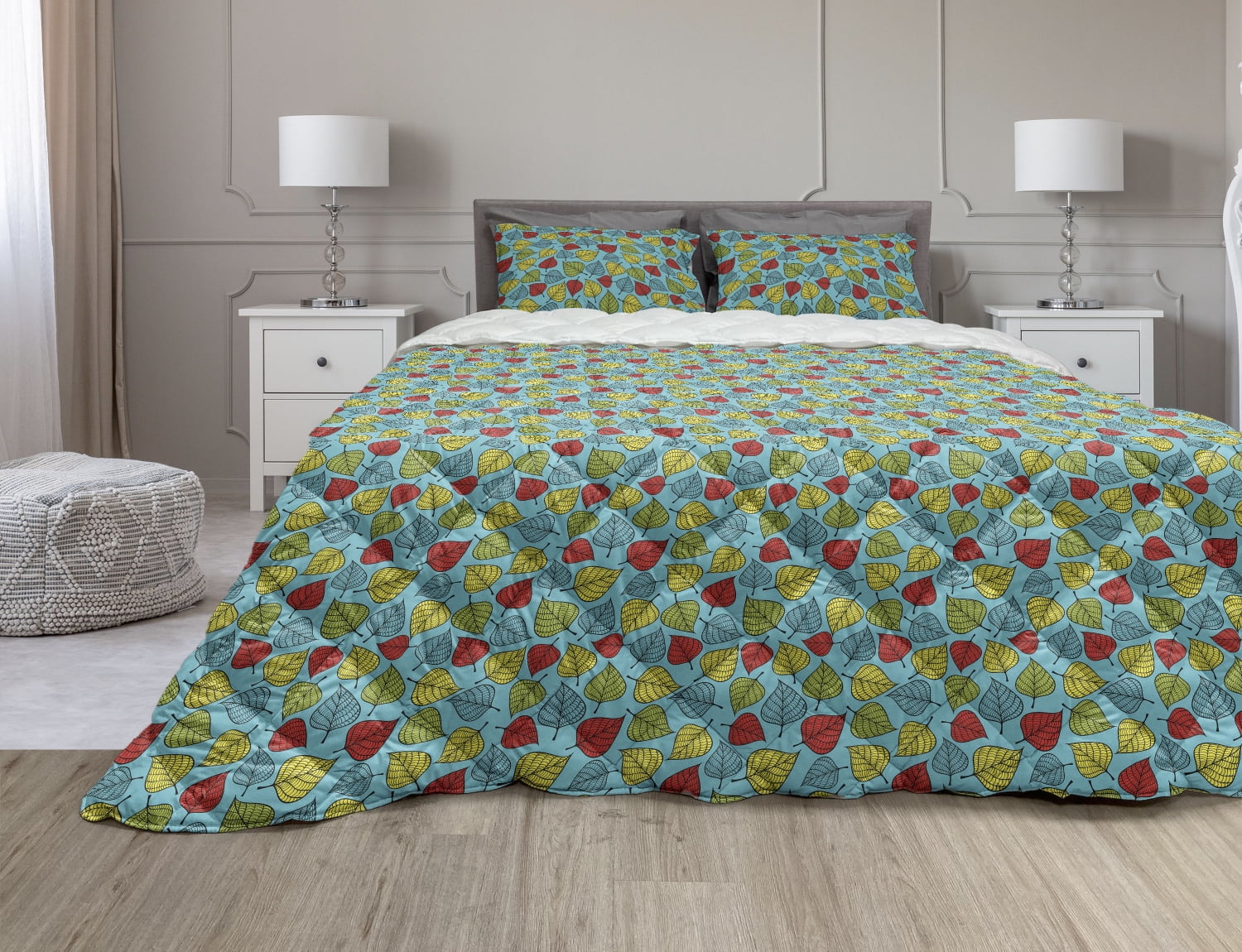 Nature Comforter & Sham Bedding Set, Colorful Hand Drawn Falling Leaves ...