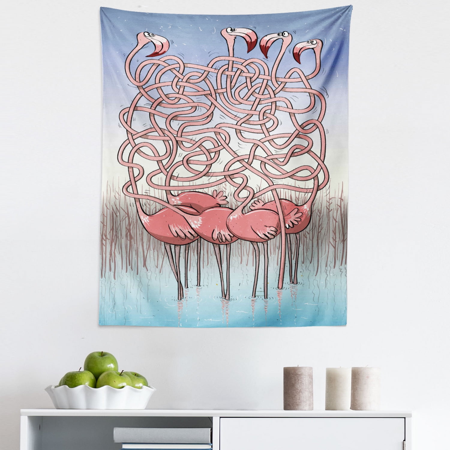 Fun Tapestry, 5 Flamingos Maze Game Joyful Animal Cartoon Reed Bed ...