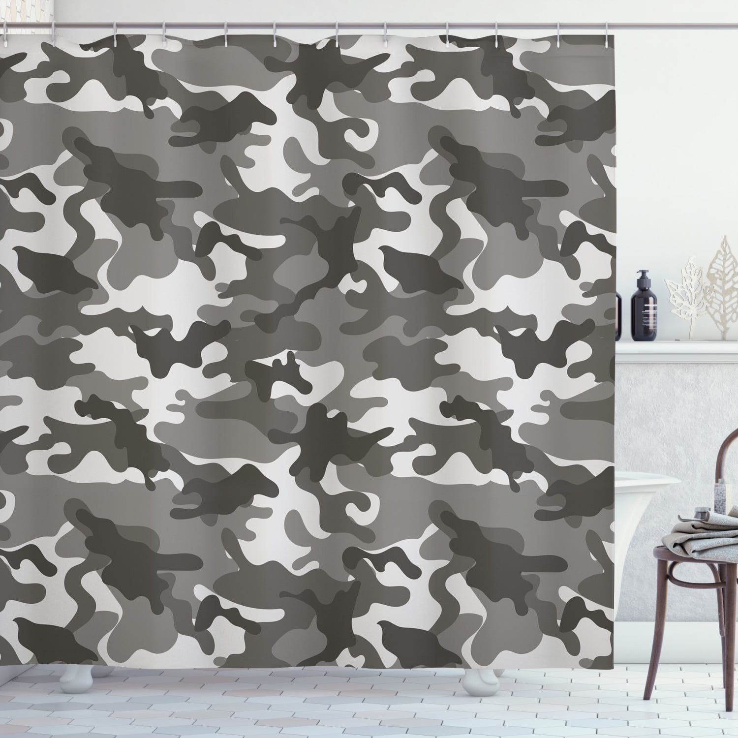Camouflage Shower Curtain Monochrome Army Attire Pattern Camouflage