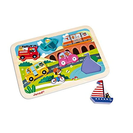 Janod Chunky Puzzle - Colorful 7 Piece Wooden Vehicles Themed Jigsaw ...