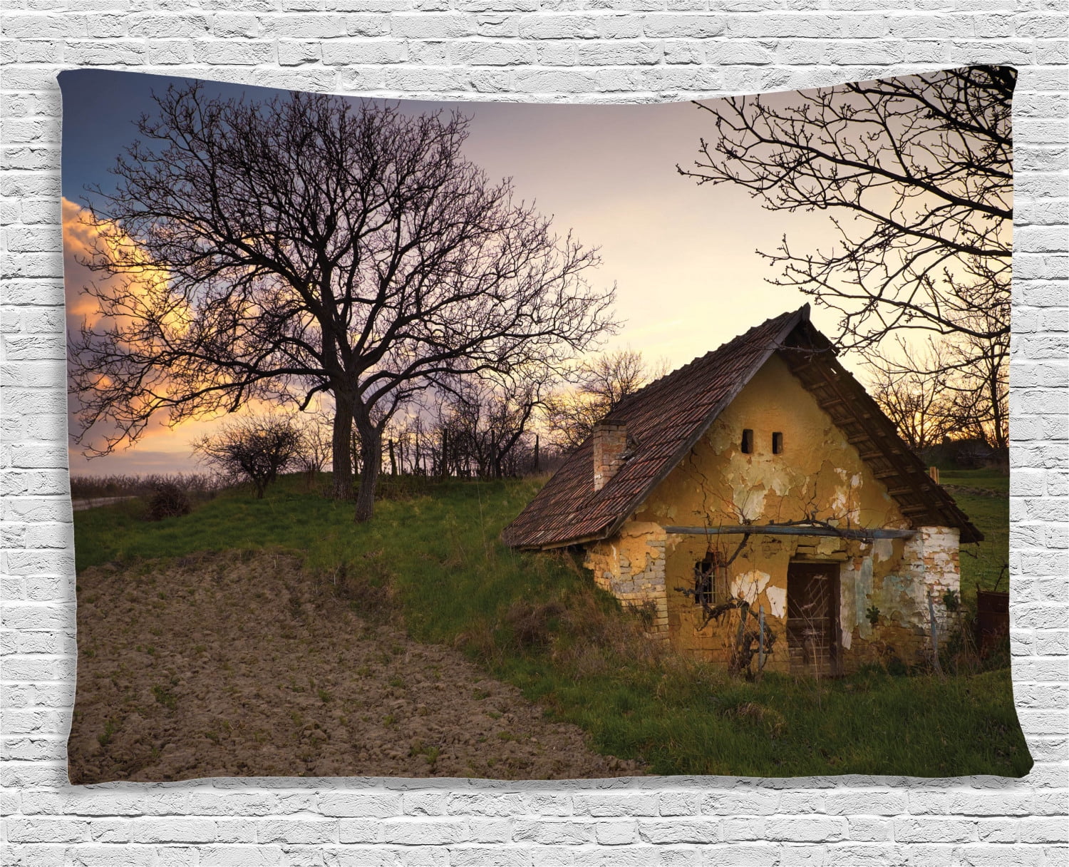 Rustic Home Decor Tapestry, Battered Stone House in Field Messy Shed ...