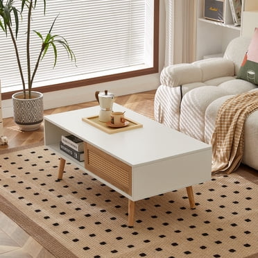 Tansole Rectangle Rattan Coffee Table with Sliding Storage Door and ...