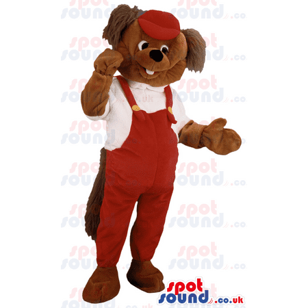 Squirrel SPOTSOUND Mascot wearing red cap- white shirt and red overalls ...