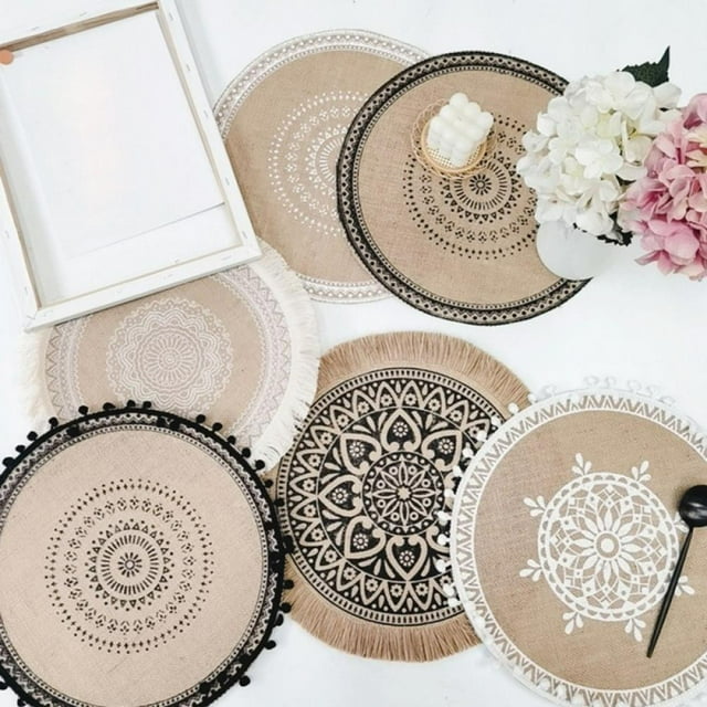 Set of 4 Round Table Mats, 15" Round Burlap Placemats with Tassels ...