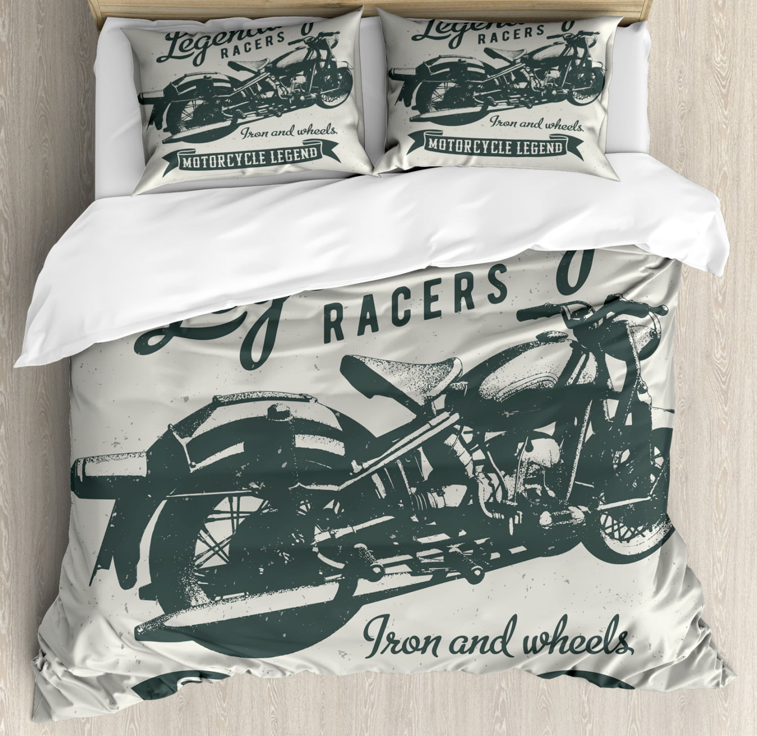 Motorcycle Duvet Cover Set Queen Size, Cruiser Bike Sketch with Hand ...