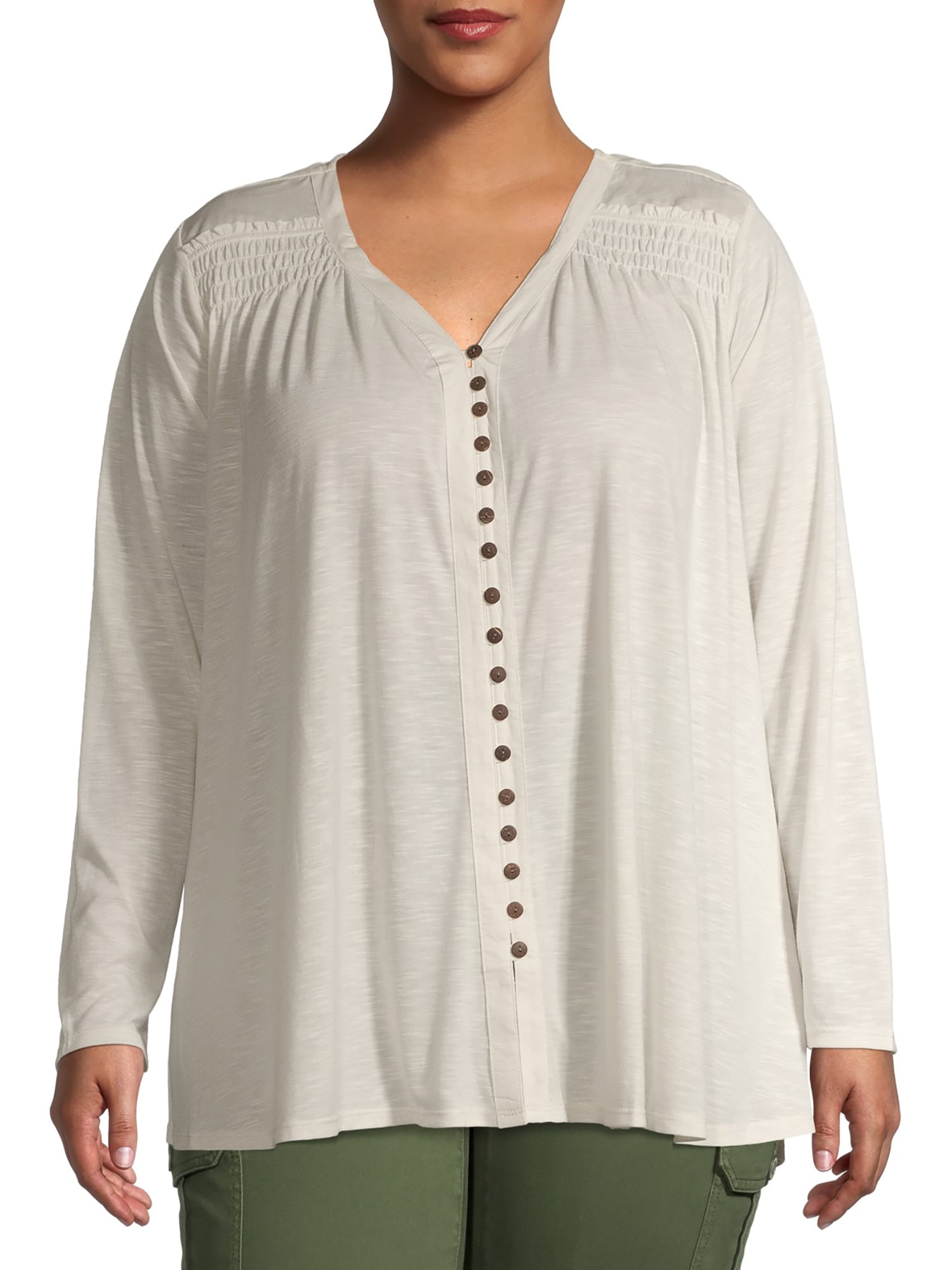 Terra And Sky Womens Plus Size Smocked Shoulder Button Front Long Sleeve