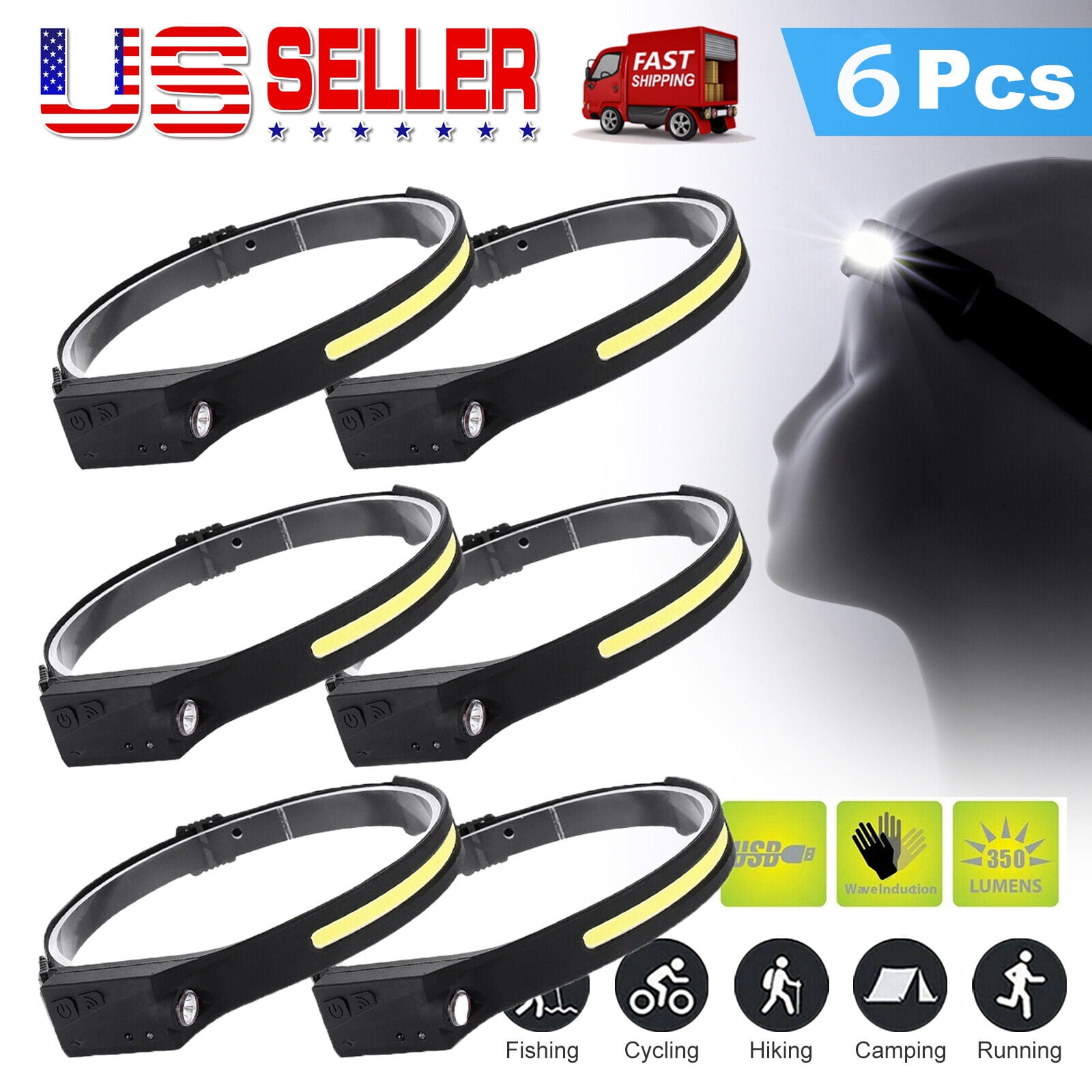 Dazone COB LED Headlamp Headlight, USB Rechargeable Torch Flashlight ...