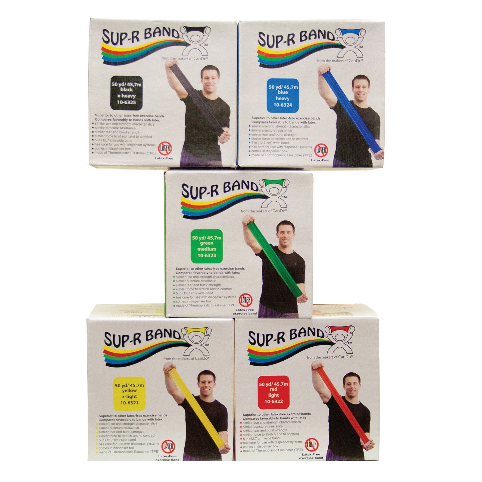 Sup-R band, latex-free, 50 yard, 5 pc set (1 ea: yellow through black ...