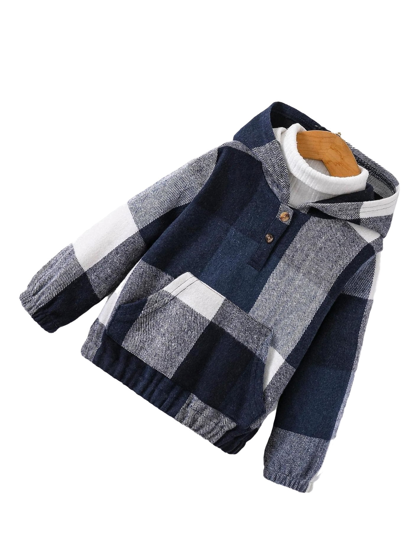 Casual Plaid Print Hooded Half Placket Long Sleeve Blue and White ...