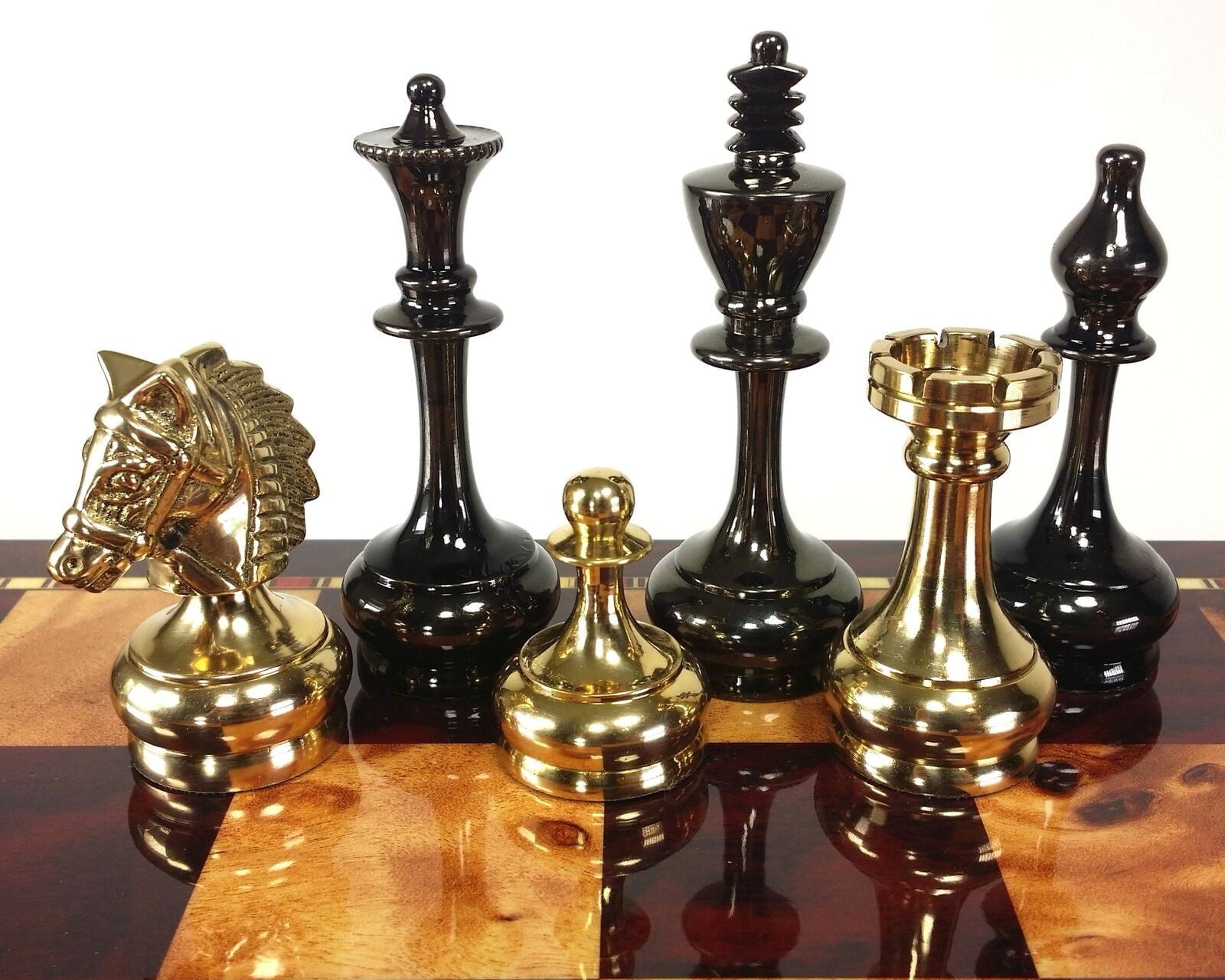 Real Brass Metal Black & Gold Staunton Bridled Knight Chess Men Set ...