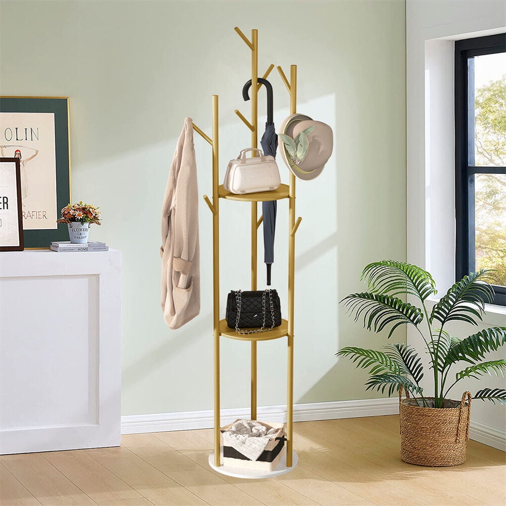 Bilot 3-Tier Entryway Coat Rack Stand with 9 Hooks, Marble Base, Gold ...