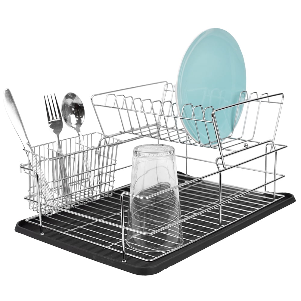 Home Basics Deluxe 2 Tier Dish Draining Rack With Plastic Tray Black