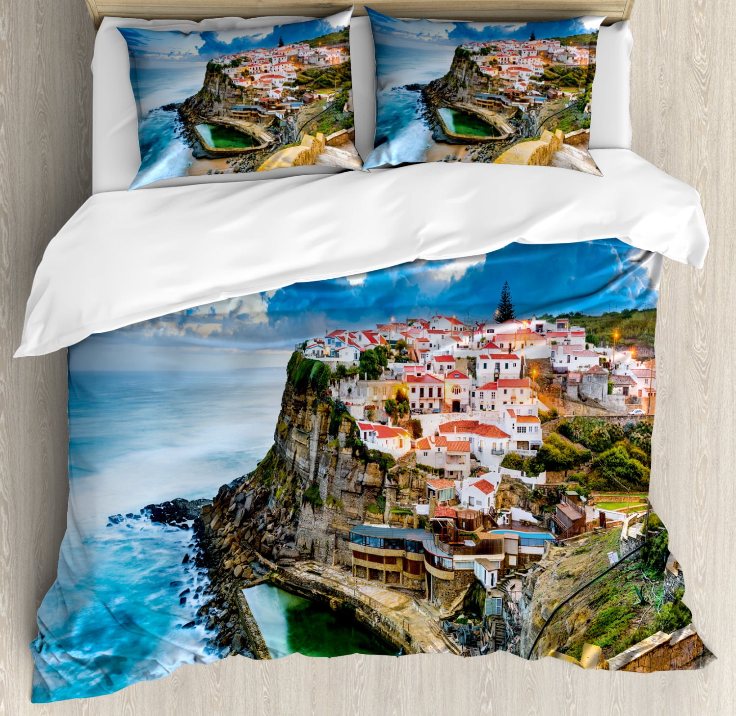 Mediterranean Queen Size Duvet Cover Set, Portuguese Town Coast Azenhas ...