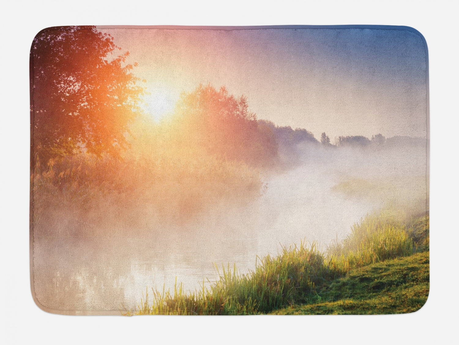 Nature Bath Mat, Beaming Sun Rays through Foggy Mountainside with Grass ...
